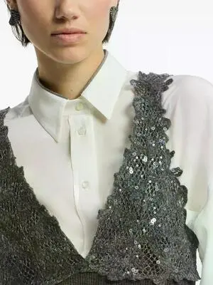 Brunello Cucinelli Ribbed Wool Jersey Top With Dazzling Lace Embroidery