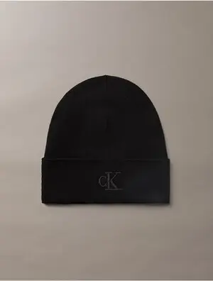Calvin Klein Monogram Embroidery Fine Rib Beanie - Black