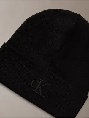 Calvin Klein Monogram Embroidery Fine Rib Beanie - Black