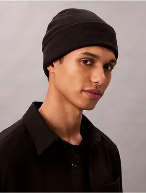 Calvin Klein Monogram Embroidery Fine Rib Beanie - Black