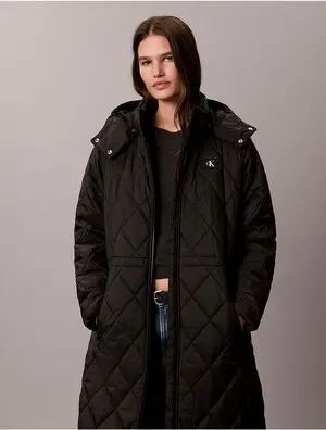 Calvin Klein Quilted Hooded Long Liner Coat - Black