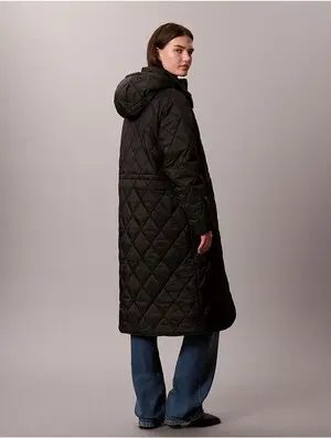 Calvin Klein Quilted Hooded Long Liner Coat - Black