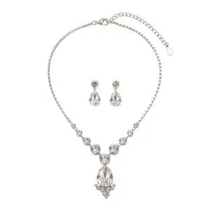 MODENAIRE Elegant Teardrop Crystal Necklace Earrings Set - Silver