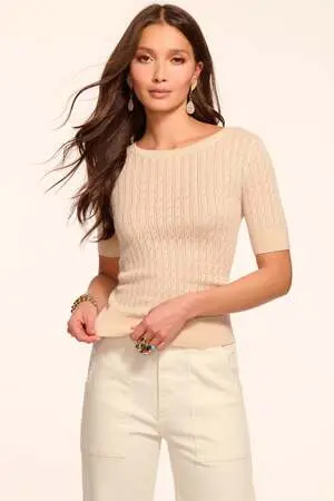 Ramy Brook Elliot Pointelle Silk Cashmere Short Sleeve Top - Sandstone