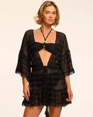 Ramy Brook Jewel Lurex Swirl Coverup Mini Dress - Black Zigzag