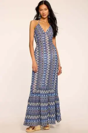 Ramy Brook Delilah Chevron Knit Coverup Maxi Dress - Ocean Zigzag