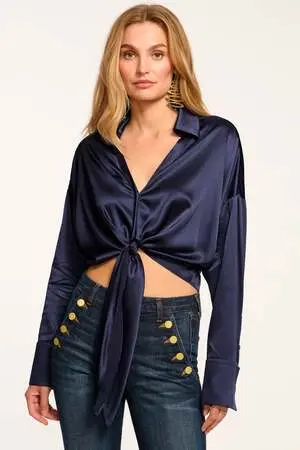 Ramy Brook Farrah Silk Tie-front Blouse - Navy