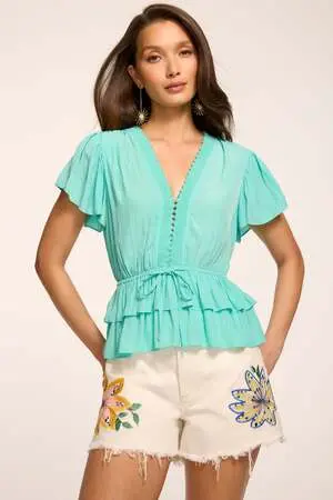 Ramy Brook Emberly Embellished Short Sleeve Top