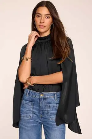 Ramy Brook Howard Cape Long Sleeve Top - Black