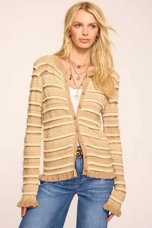 Ramy Brook Callie Ribbed Knit Cardigan - Camel/ivory