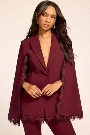 Ramy Brook Lucinda Lace Tailored Cape - Cranberry