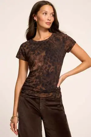 Ramy Brook Kate Printed Knit Short Sleeve Ruched Tee Designer Luxury - Heritage Python