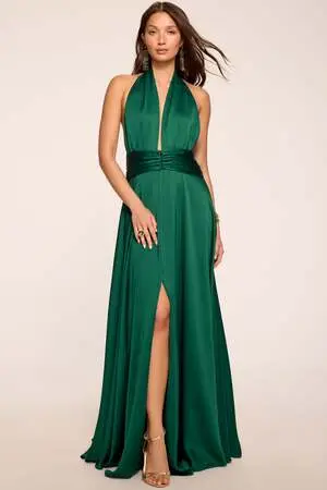 Ramy Brook Jasmine Plunging Halter Gown - Deep Emerald