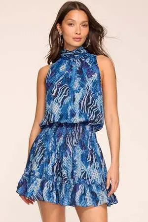 Ramy Brook Elanna Printed Smocked Waist Designer Mini Dress - Patchwork Python