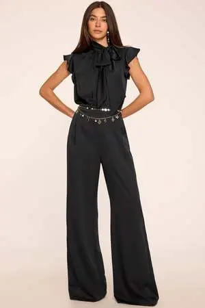 Ramy Brook Irene Tie Neck Short Sleeve Designer Jumpsuit - Black