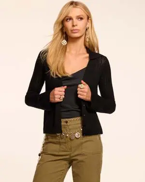 Ramy Brook Cathy Pointelle Silk Cashmere Cardigan Sweater - Black