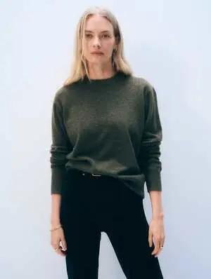 WHITE & WARREN White & Warren Cashmere Crewneck Top In Deep Navy Blue Thyme Heather