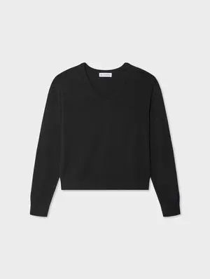 WHITE & WARREN White & Warren Linen Blend Rib Trim V Neck In Black Black