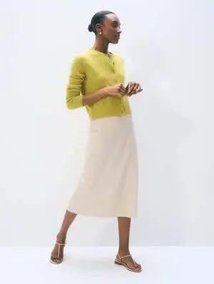 WHITE & WARREN White & Warren Cashmere Crewneck Cardigan Sweater In Citronelle Citronelle