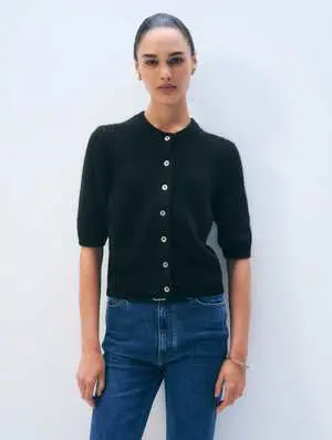 WHITE & WARREN White & Warren Cashmere Short Sleeve Cardigan Sweater In Feather Black