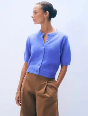 WHITE & WARREN Cashmere Short Sleeve Cardigan Sweater - Blue Iris