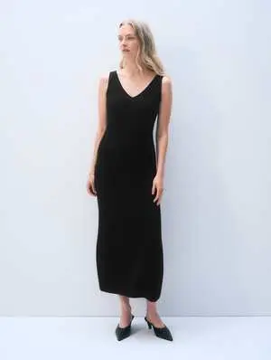 WHITE & WARREN Cashmere Blend Ribbed Midi Dress - Black