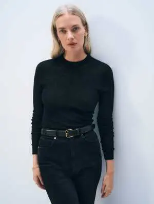 WHITE & WARREN Superfine Cashmere Blend Waffle Crewneck Top - Black