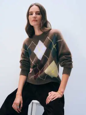 WHITE & WARREN White & Warren Cashmere Argyle Crewneck Top In Natural Combo Combo