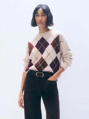 WHITE & WARREN White & Warren Cashmere Argyle Crewneck Top In Natural Combo Wheat Combo
