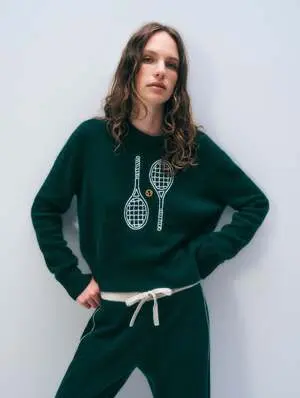 WHITE & WARREN Cashmere Tennis Embroidered Sweatshirt In Size - Dark Emerald Combo