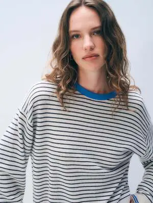 WHITE & WARREN Cashmere Striped Crewneck Top In Size - Azure