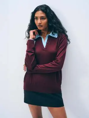 WHITE & WARREN Superfine Merino Layered Polo Sweater In Size - Light Blue
