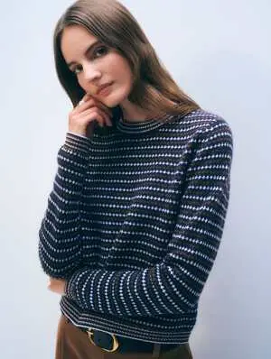 WHITE & WARREN Cashmere Textured Stripe Crewneck Top - Blue Combo