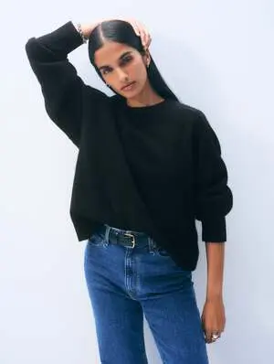 WHITE & WARREN Cashmere Saddle Sleeve Crewneck Old Top - Black