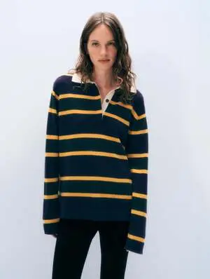 WHITE & WARREN Cashmere Rugby Polo Sweater In Size - Navy
