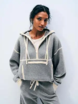 WHITE & WARREN Cashmere Blend Half Zip Hoodie - Grey/ivory