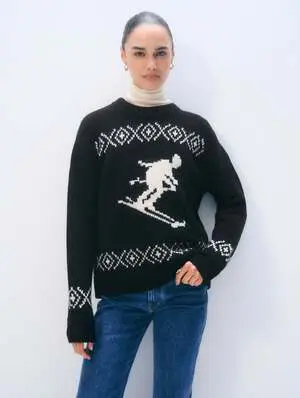 WHITE & WARREN Cashmere Blend Ski Crewneck Top - Black/ivory