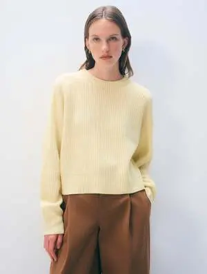 WHITE & WARREN Cashmere Ribbed Saddle Sleeve Crewneck Top - Chartreuse