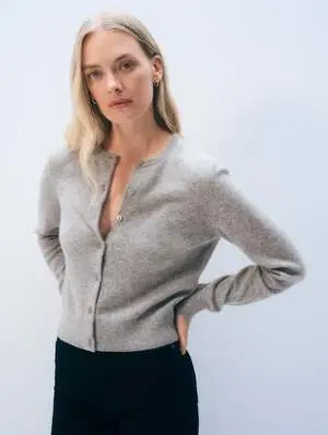 WHITE & WARREN Cashmere Crewneck Cardigan Sweater In Size - Grey