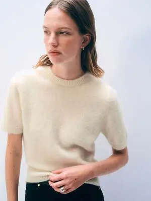 WHITE & WARREN Brushed Cashmere Tee Top - Ivory