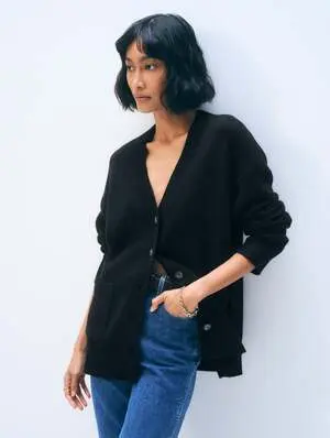 WHITE & WARREN Cashmere Luxe Pocket Cardigan Sweater In Size - Black