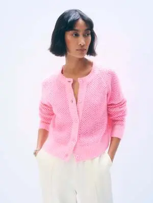WHITE & WARREN Cashmere Mesh Cardigan Sweater - Pink Buds