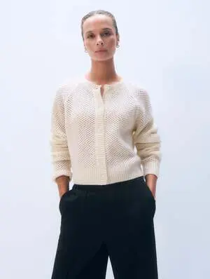WHITE & WARREN Cashmere Mesh Cardigan Sweater - Soft White