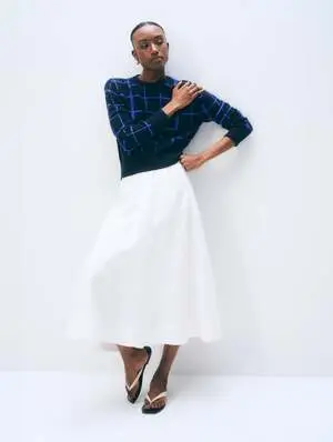 WHITE & WARREN Cashmere Windowpane Crewneck Top In Size - Blue