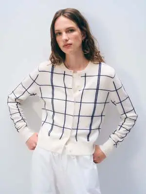 WHITE & WARREN Cashmere Windowpane Jacket Sweater - White