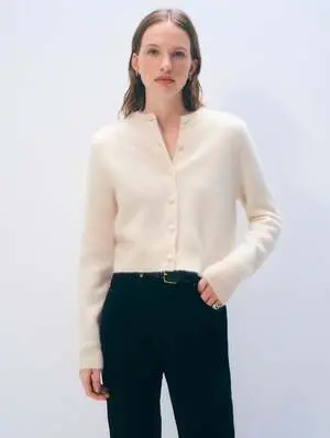 WHITE & WARREN White & Warren Brushed Cashmere Crewneck Cardigan Sweater In Black Ivory