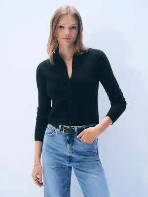 WHITE & WARREN Cashmere Pointelle Shirt Sweater In Size - Black