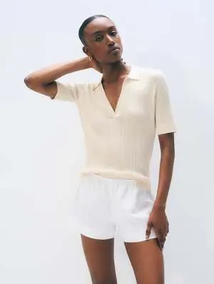 WHITE & WARREN Cashmere Linen Blend Polo Sweater In Size In Linen/cashmere - Ivory