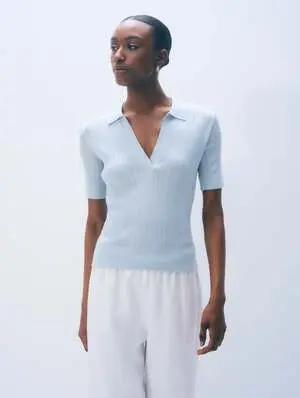 WHITE & WARREN Cashmere Linen Blend Polo Sweater In Size In Linen/cashmere - Blue