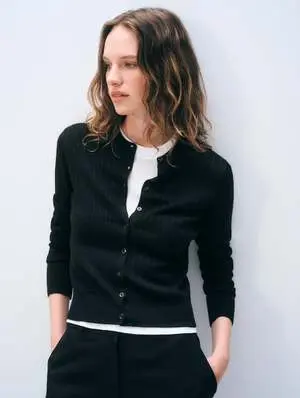 WHITE & WARREN Cashmere Linen Blend Cable Button Cardigan Sweater In Size In Linen/cashmere - Black